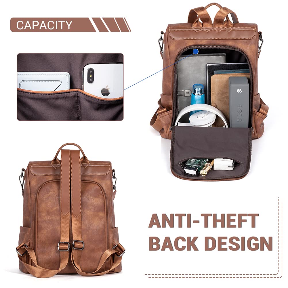 BROMEN Backpack Purse for Women Leather Anti-theft Backpack Fashion College Shoulder Handbag Vintage Brown
