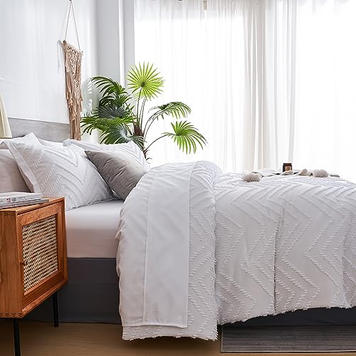 FLYMME White Full Size Comforter Sets with Sheets,Tufted Bed in a Bag 7 Pieces, Chevron Boho Shabby Chic Farmhouse Bedding Set,Soft Microfiber Comforter for All Season（White,80”*90”）