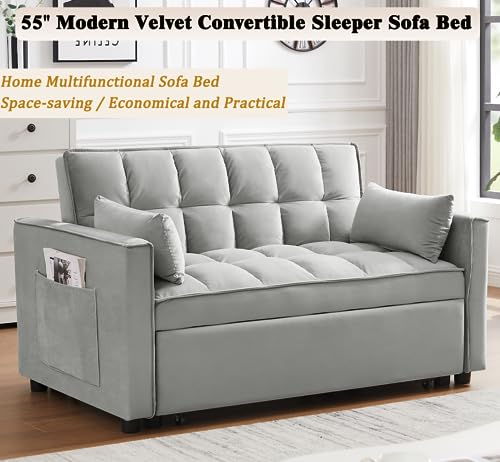 Lin-Utrend 3 in 1 Convertible Sleeper Sofa Bed with Pull Out Sofa Bed, Modern Velvet Loveseat Futon Couch with Adjustable Backrest and Lumbar Pillows,Small Love Seat Lounge Sofa Bed for Small Space