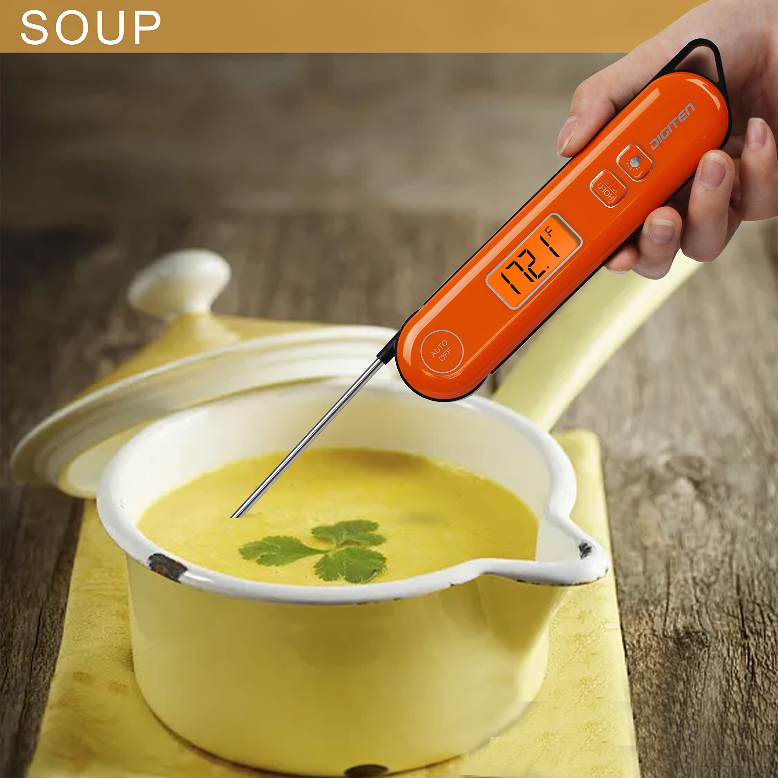 Digital Instant Read Meat Thermometer, Waterproof Foldable Probe, for BBQ, Kitchen, Food Cooking, Candy Making, Deep Fry, Grill, Cheese Making and Roast Turkey, Orange