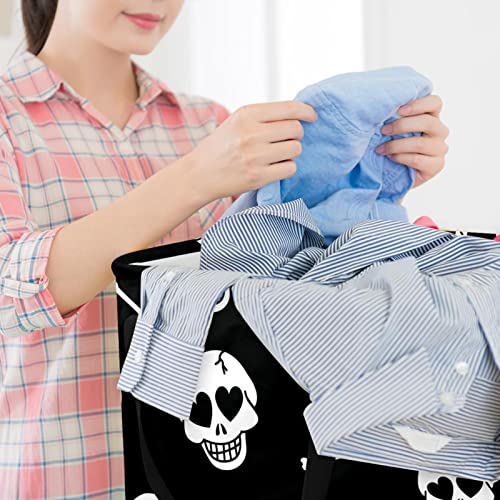 Heart Eye Skull and Bones Print Collapsible Laundry Hamper, 60L Waterproof Laundry Baskets Washing Bin Clothes Toys Storage for Dorm Bathroom Bedroom