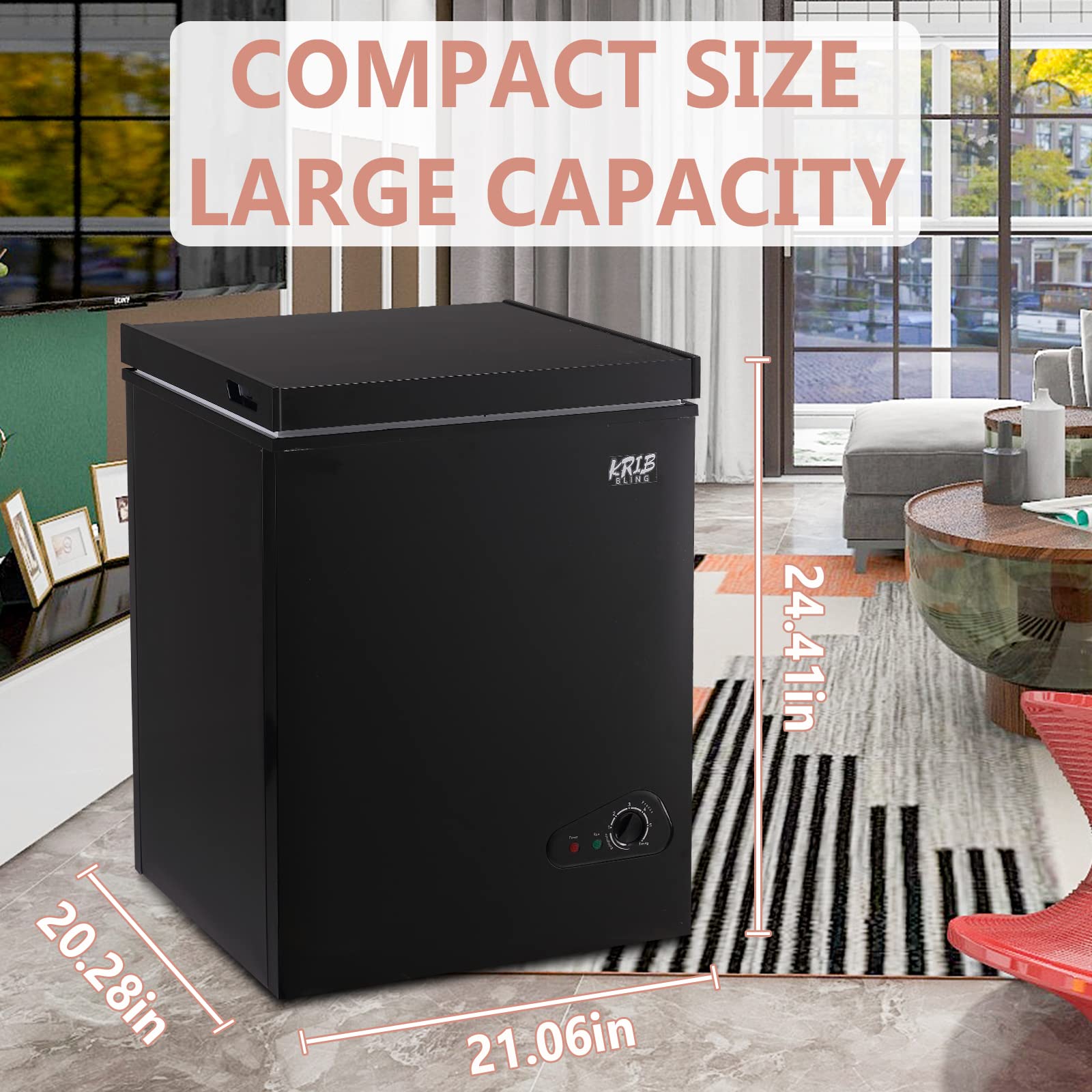 KRIB BLING Compact Chest Freezer with Removable Basket, 7.0 Cu.ft Top Door Open Freestanding Deep Freezer with 7 Gears Temperature Adjustment, Ideal for Home, Kitchen & Office, Black