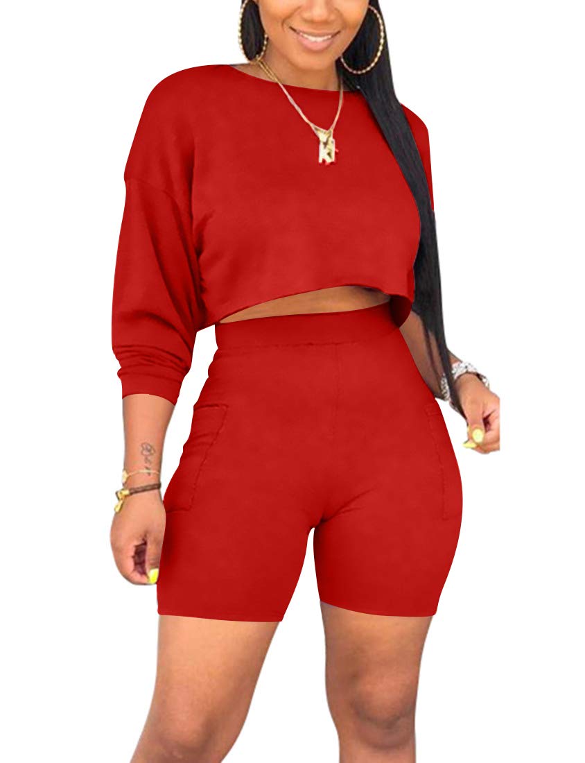cailami Women's Summer 2 Piece Outfits Workout High Waist Biker Shorts Sets with Pockets, Medium, Red