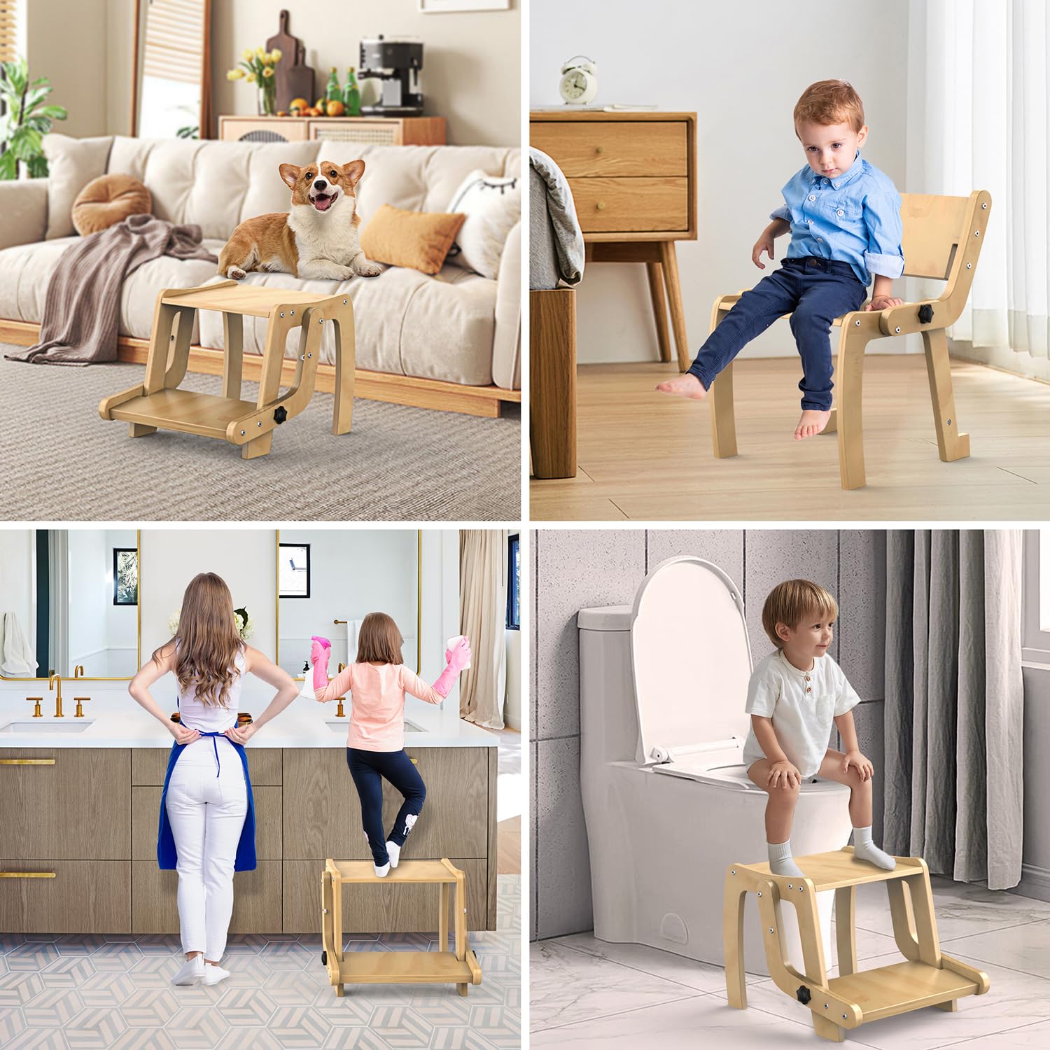 Toddler Step Stool, Wooden Folding Toddler Step Stool, Two Step Kids Step Stool, Transformable Toddler Chair Kitchen Step Stool, Foldable Toddler Step Stool for Bathroom Sink, Small Toddler Step Stool