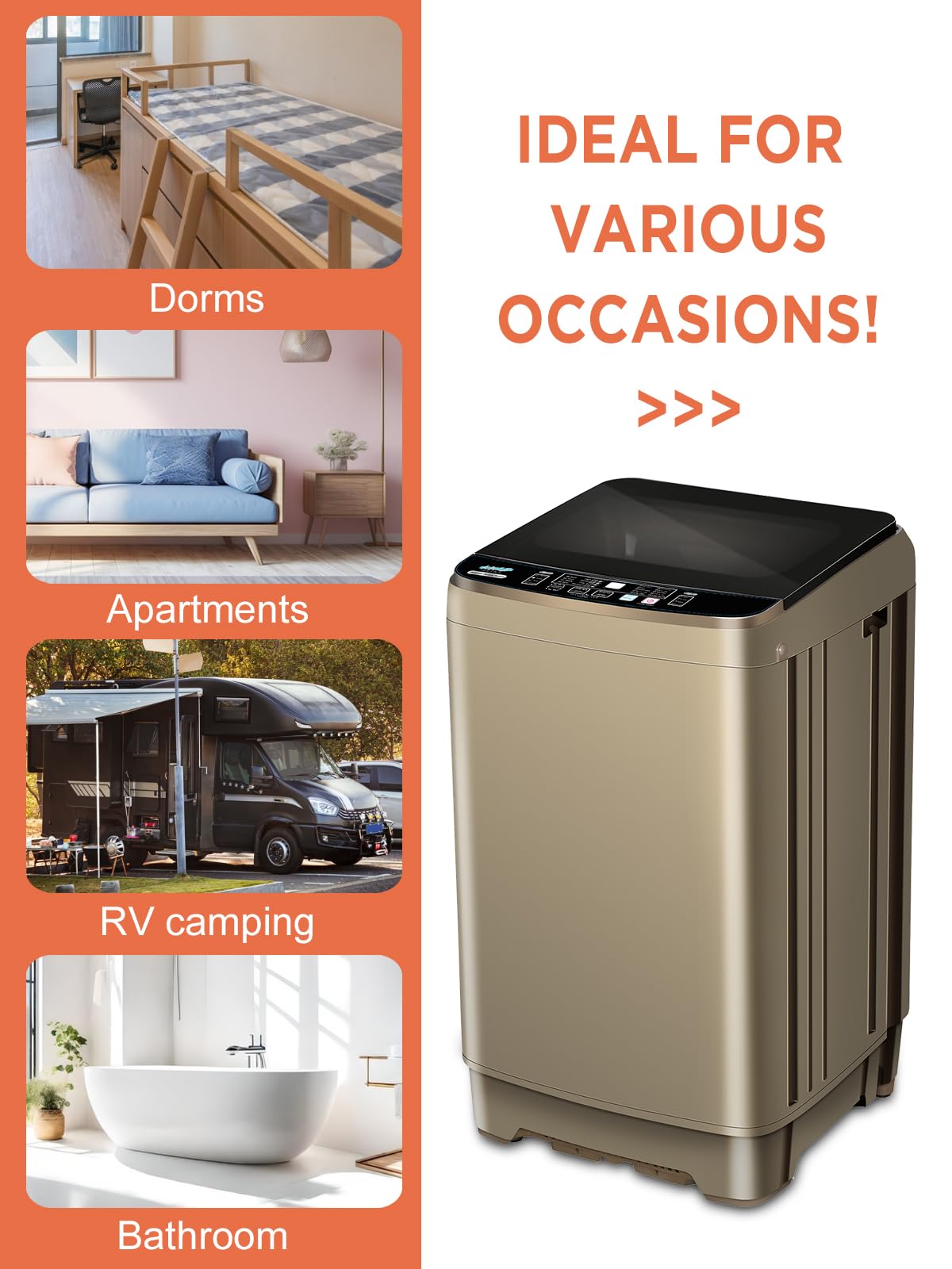 KRIB BLING Full Automatic Washing Machine with LED Display, 25 lbs Portable Washer Drain Pump, 10 Programs & 8 Water Levels Selections, Ideal for RV, Camping, Apartment, Dorm, Dark GOLD