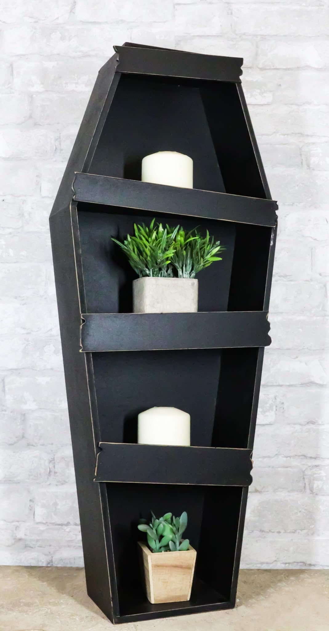 Ebros Gothic Graveyard Creepy Oddity Light Duty Black Coffin Casket Cabinet Shelving Display Wall Hanging Floating MDF Wood Shelf with 4 Tiers 30" Tall 12.5" Wide