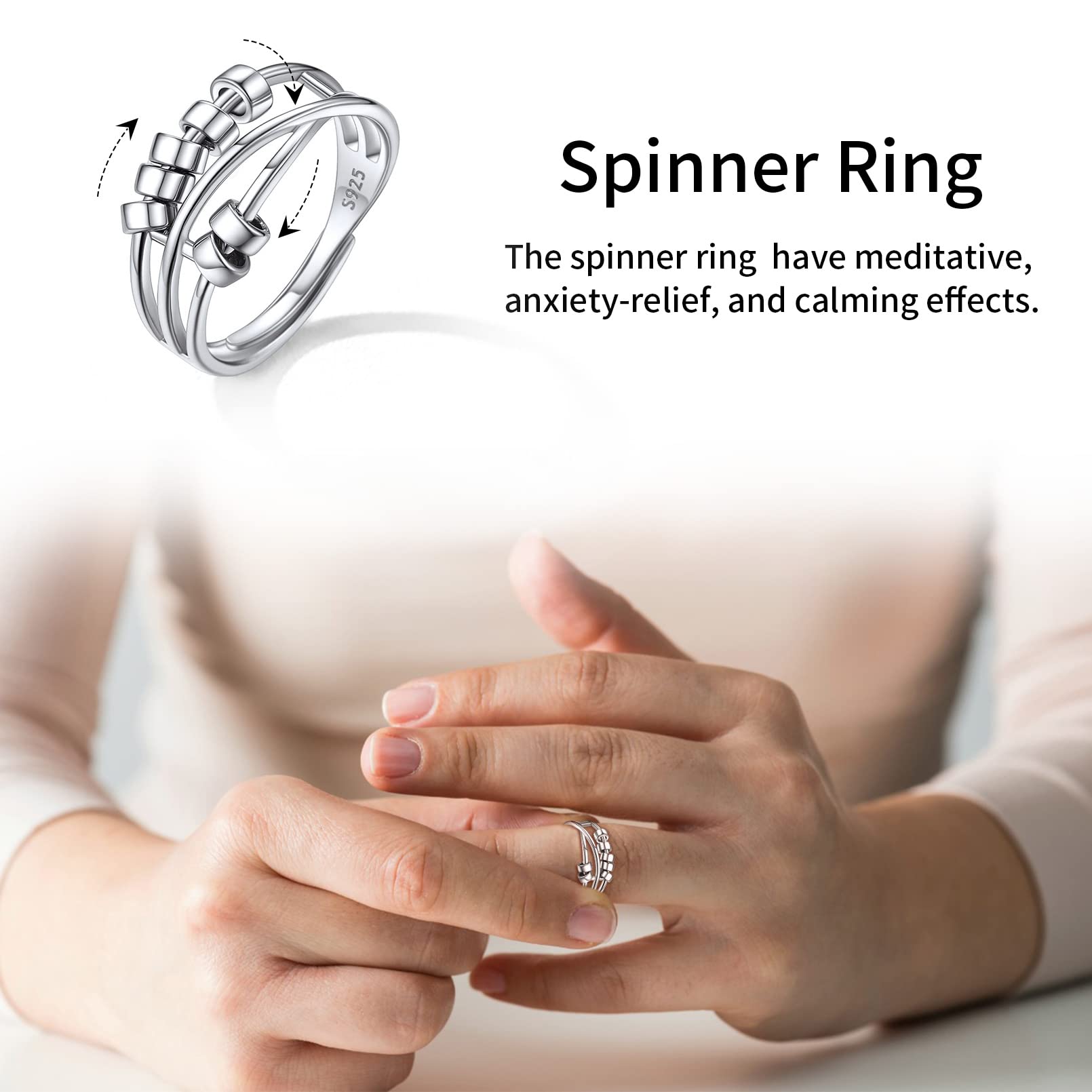 ChicSilver 925 Sterling Silver Anti Anxiety Rings For Women Men Fidget Spinner Band Ring Adjustable Stacking Spinning Beads Stress Relief Ring