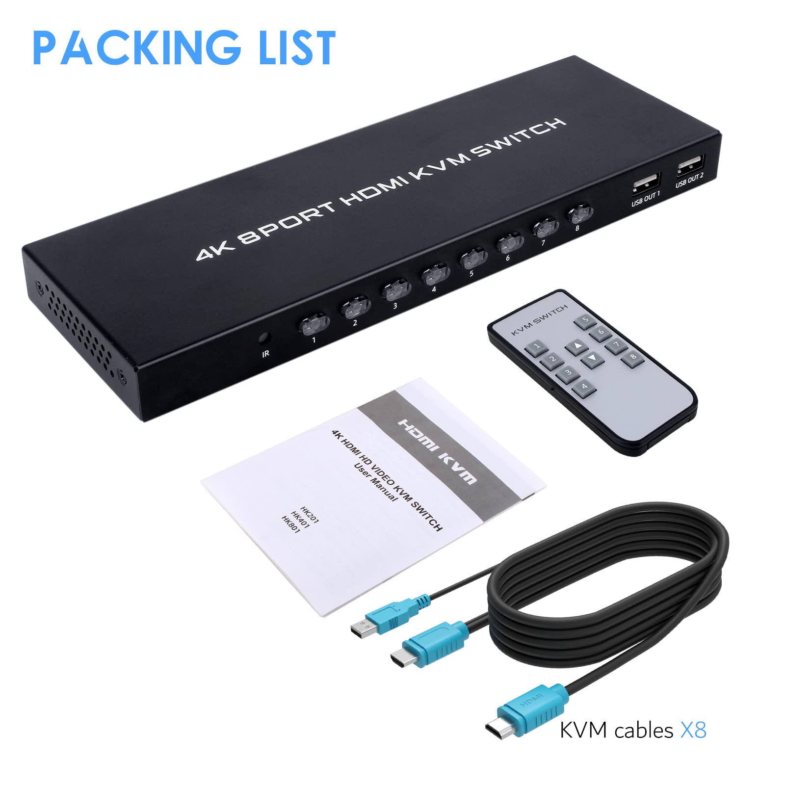 TCNEWCL 8 Port KVM Switch HDMI, 4K@30Hz 8 in 1 Out HDMI KVM Switch for 8 PC Sharing 1 HD Monitor and 4 USB Devices with IR Remote & 8 HDMI Cables
