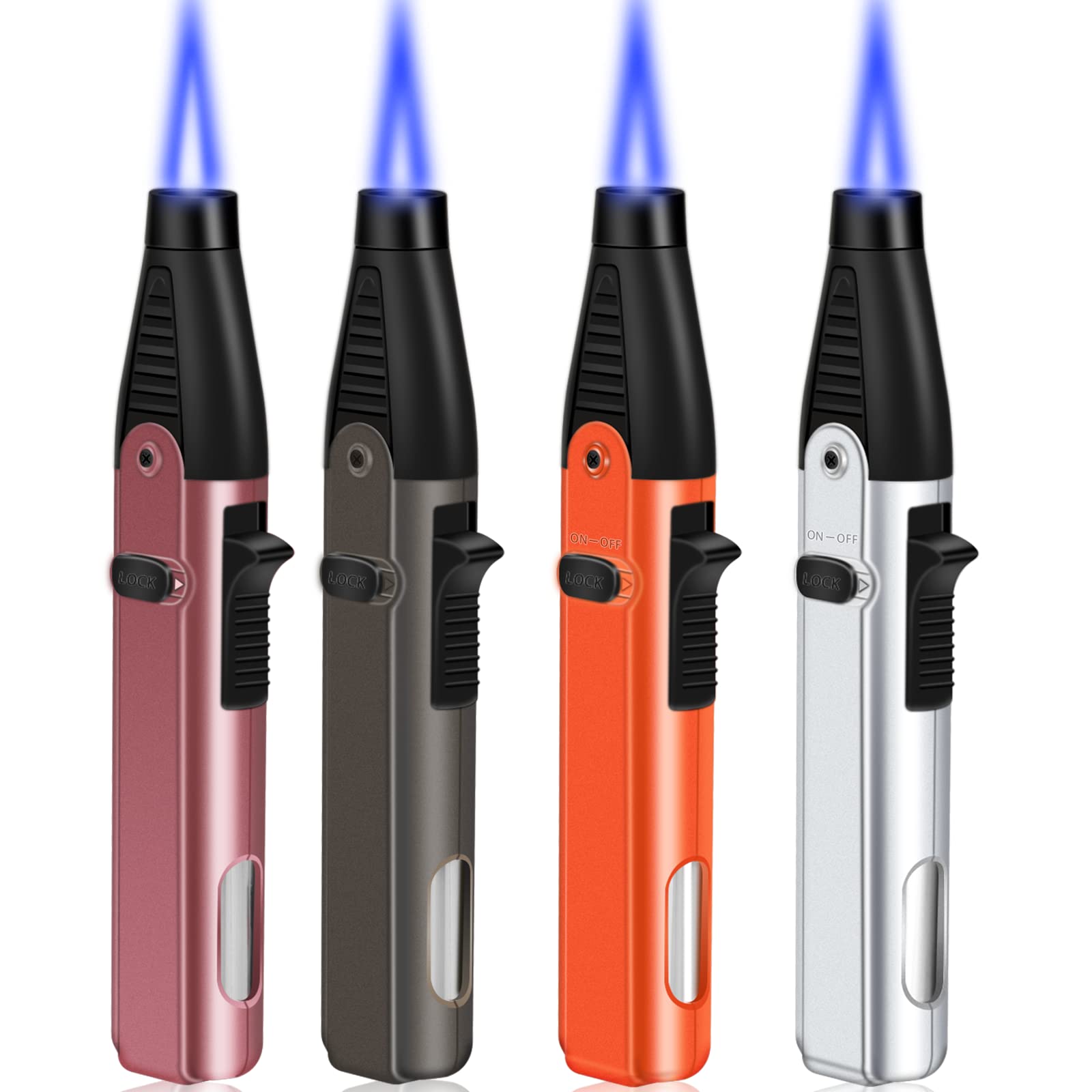 CIPOOU Lighter, Butane Lighter, Torch Lighter with Adjustable Jet Flame, Windproof Butane Refillable Gas, Long Lighter for Candle Grill BBQ Fireworks Fireplace (Butane Not Included) - 4 Pack