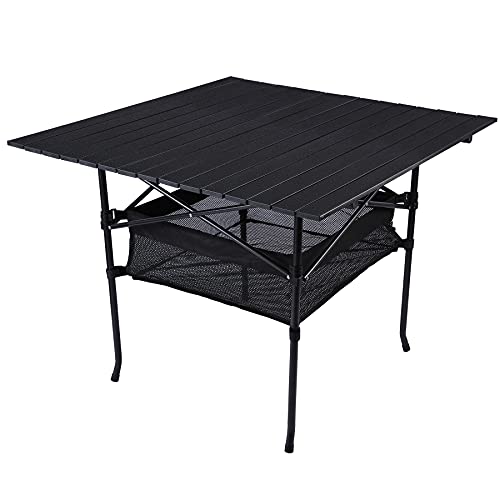 CAMPMOON Aluminum Camping Table Roll Top with Mesh Storage, Folding Lightweight Roll Up Table Square for Outdoor Camping Grill, Black, 34.6X34.6 Inch