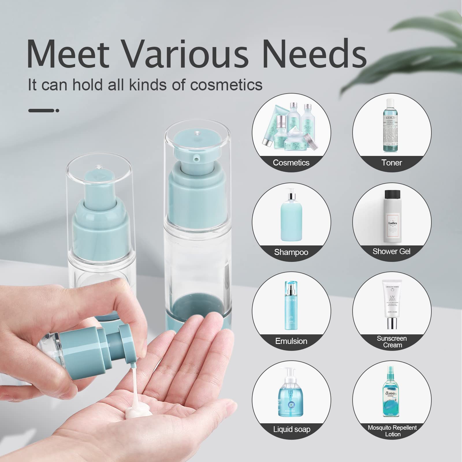 miermagic 1/2oz 1oz Vacuum Cosmetic Bottles Toiletries, Plastic Airless Pump/Spray Bottles for Toner, Cream and Shampoo, Travel Size Dispenser Refillable Containers (Pack of 4)
