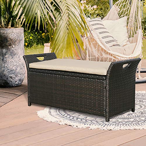 Patio Storage Bench for Outside Outdoor Furniture Wicker Deck Box with All-Weather Cushion, Beige