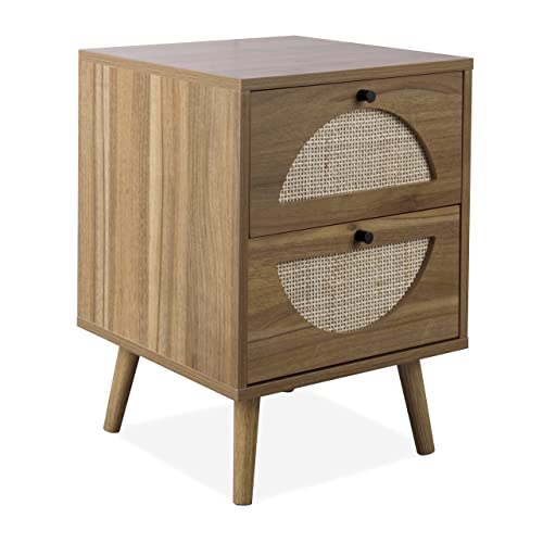 FOKWE Rustic Rattan Nightstand 2-Drawer, End Table Side Table Wooden Coffee Table with Storage and Solid Wood Legs for Living Room, Bedroom(Walnut,2 Pack), Walnut-2 Drawers-2 Packs,