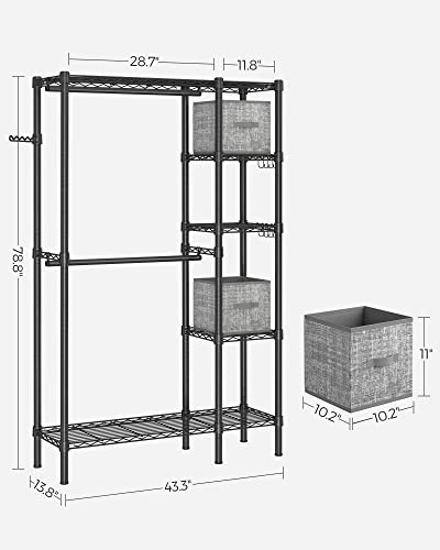 SONGMICS Garment Rack Heavy Duty Clothes Rack, Freestanding Portable Wardrobe Closet for Hanging Clothes with 2 Storage Boxes, 8 Hooks, Adjustable Wire Shelves, 2 Hanging Rods, Black ULGR422B01