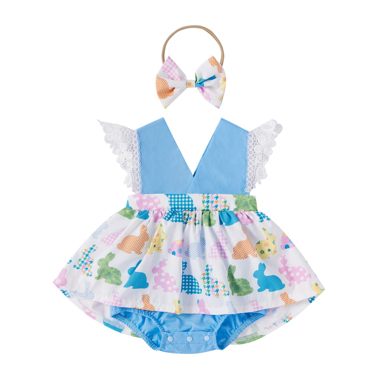 Gushehua Baby Girl Easter Clothes Lace Sleeveless Rabbit Romper Bodysuit with Matching Headband Spring Summer Outfits (light blue, 0-6Months)