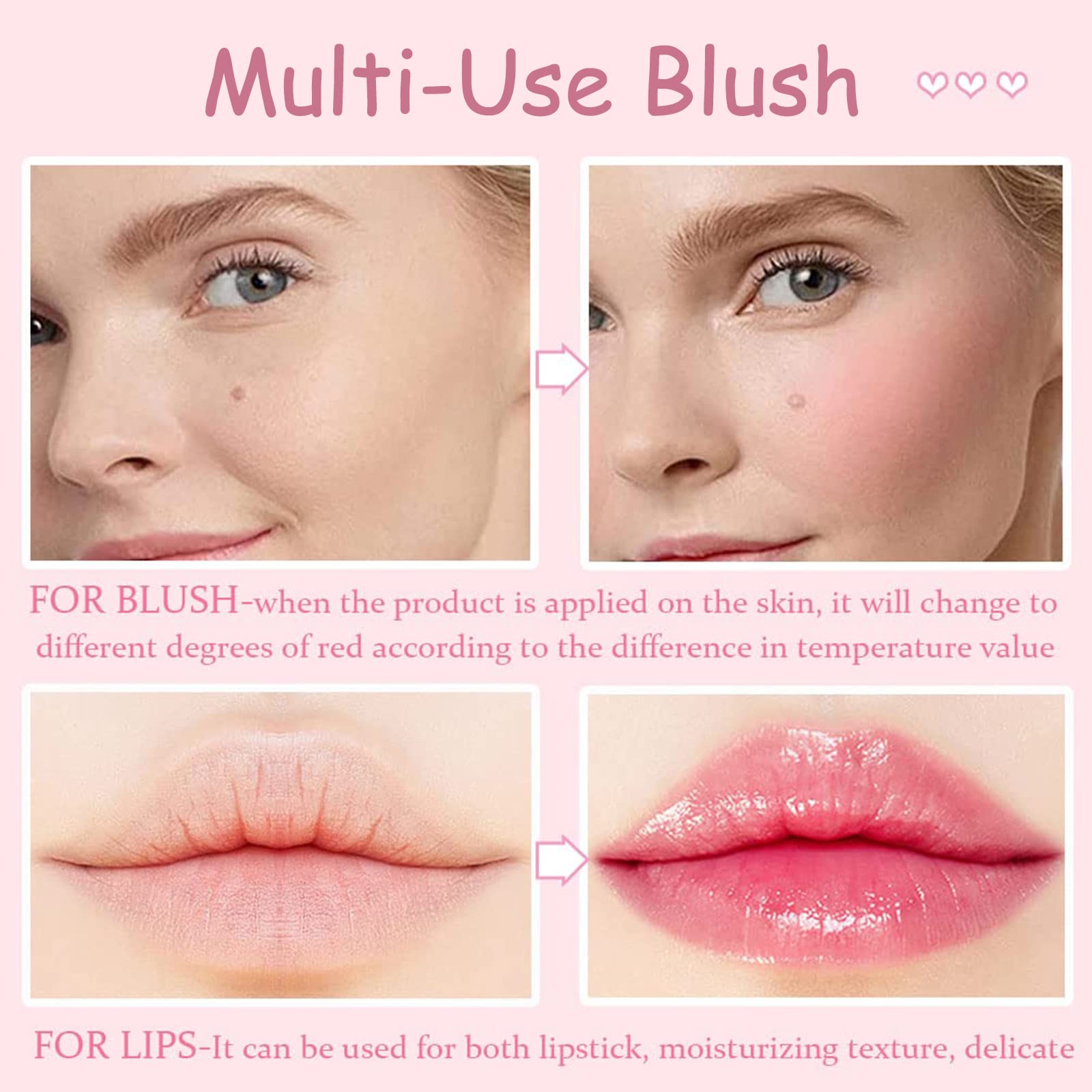 Color Changing Blush for Cheek & Lips, Magic Blush Rouge Color Changing Cream Blush, Multi Use Moisturizing Glitter Transparent Color Change Lip Gloss Liquid Blusher Face Lip Makeup (02# Glitter Blush)