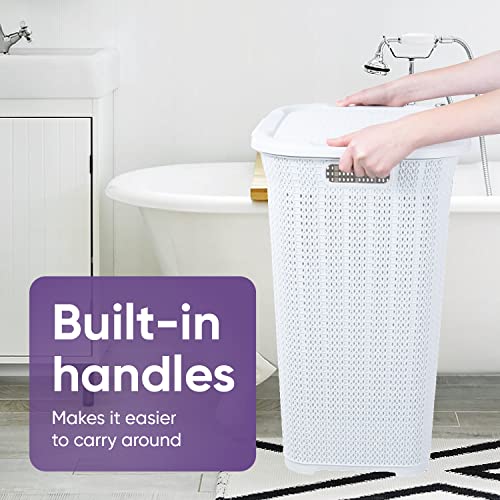 Wicker Laundry Hamper With Lid 50 Liter - White Laundry Basket 1.40 Bushel Durable Bin With Cutout Handles - Easy Storage Dirty Cloths in Washroom Bathroom, Or Bedroom. By Superio