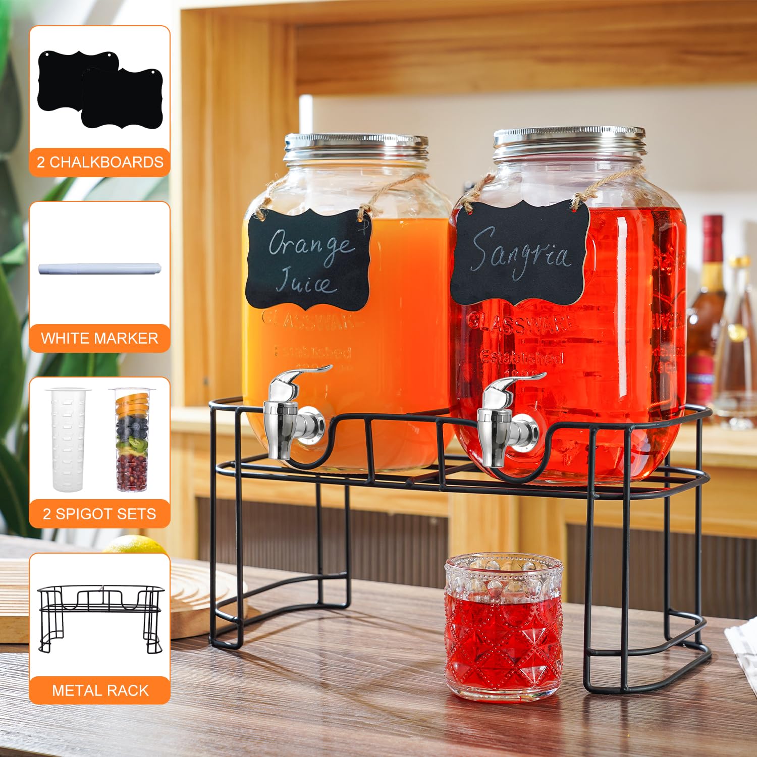 Einfache 1 Gallon Drink Dispenser with Stand,2 Pack Beverage Dispenser with Stand,Glass Water Lemonade Dispensers for Juice,Parties