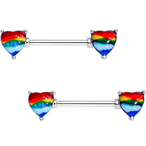 Body Candy 14G Womens Nipplerings Piercing 9/16" Stainless Steel 2Pc Rainbow Heart Nipple Shield Set 14mm
