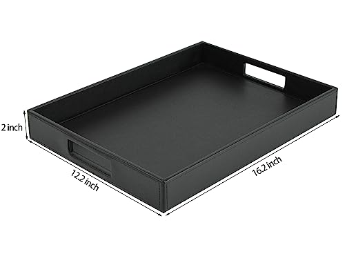 HofferRuffer Rectangle Serving Tray with Hole Handles for Coffee Table, Breakfast, Tea, Food, Butler - Countertop, Kitchen, Vanity Serve Tray, 16.2 x 12.2 x 2 inches, Faux Leather Tray (Black)