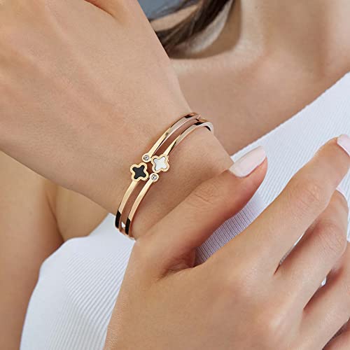 GFEEL 14K Gold Plated Bangle Bracelet, Leaf Clover Gold Bangle Bracelet for Women Black and White Shell Four-Leaf Clover Gold Plated Bracelets, Dainty Clover Bangle Bracelet. Cuff Bracelets for Women with Gift Box