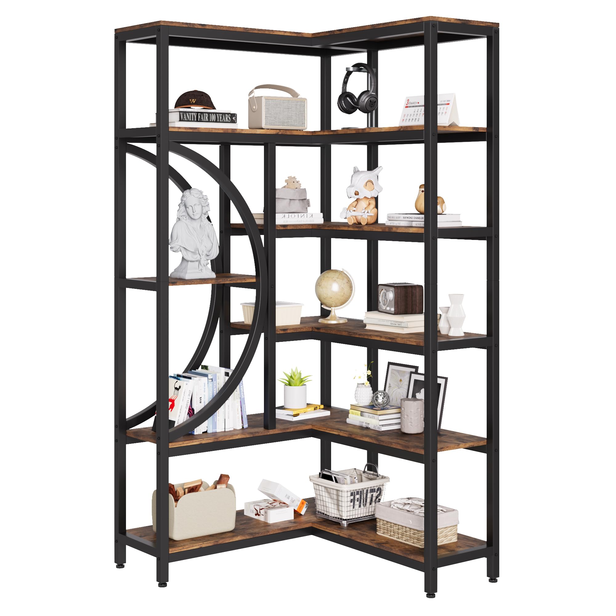 Knowfunn Industrial Corner Bookshelf with 6 Tier, L-Shaped Modern Bookcase, Large Corner Storage Rack, Wooden Corner Display Shelf for Home, Office, Living Room, Bedroom - Rustic Brown