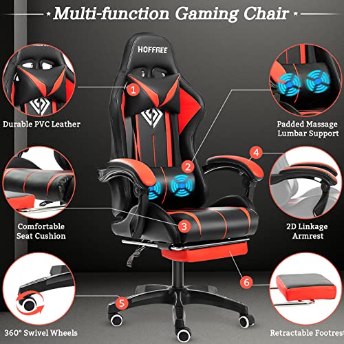 HOFFREE Gaming Chair with Bluetooth Speakers and Lights Ergonomic Computer Massage Gaming Chair with LED RGB Lights Footrest High Back Music Video Game Chair with Lumbar Support Red and Black