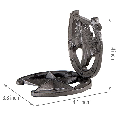 MyGift Dark Brown Cast Iron Decorative Bookends for Heavy Books, Western Theme Home Office Decoration, Bookshelf Decor with Horse, Horseshoe and Star Design, 1 Pair
