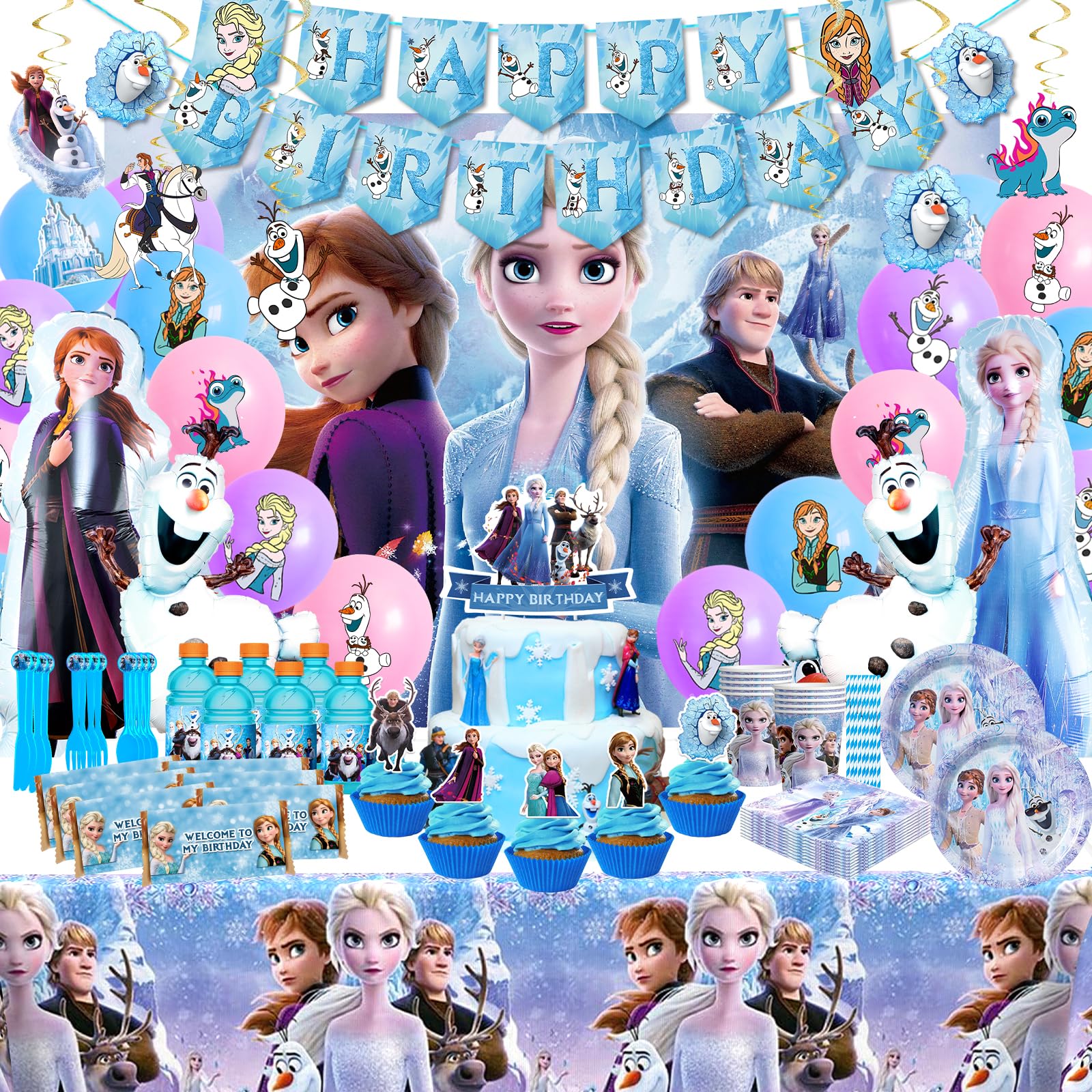 Frozen Birthday Party Supplies,191pcs Cartoon Theme Style Party Decorations Include Happy Birthday Banner,Backdrop,Plates,Tablecover,Cake Toppers