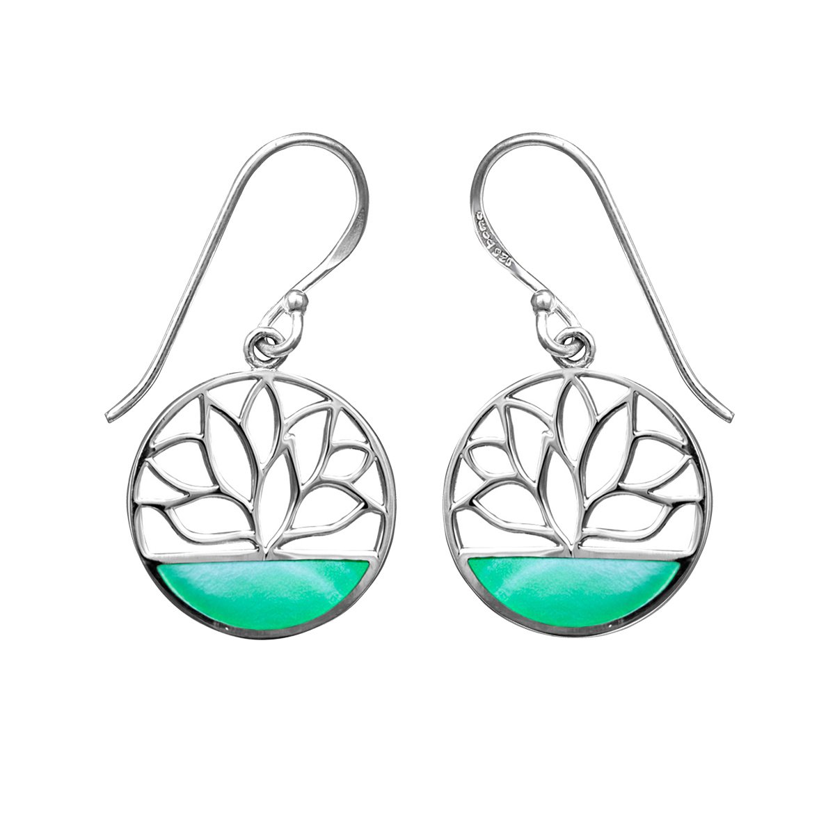 Boma Jewelry Sterling Silver Green Mother of Pearl Lotus Flower Dangle Earrings