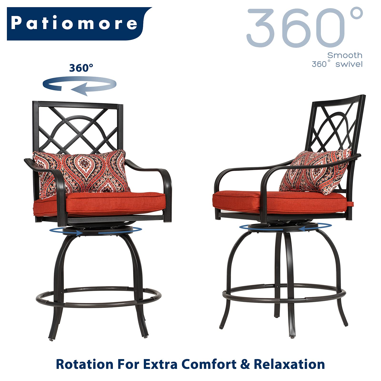 Patiomore Patio Swivel Bar Stools, Outdoor Bar Height Bistro Chairs Set of 2, Metal Iron Frame with Seat Cushions, Red