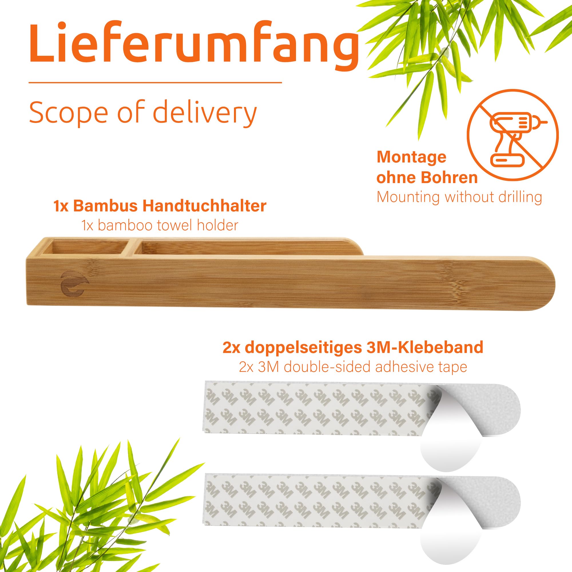 ECENCE Hand Towel Holder Bamboo Wood Adhesive Wall Mounted, Hand Towel Bar for Bathroom Guest Hand Towel Rack 15.16"