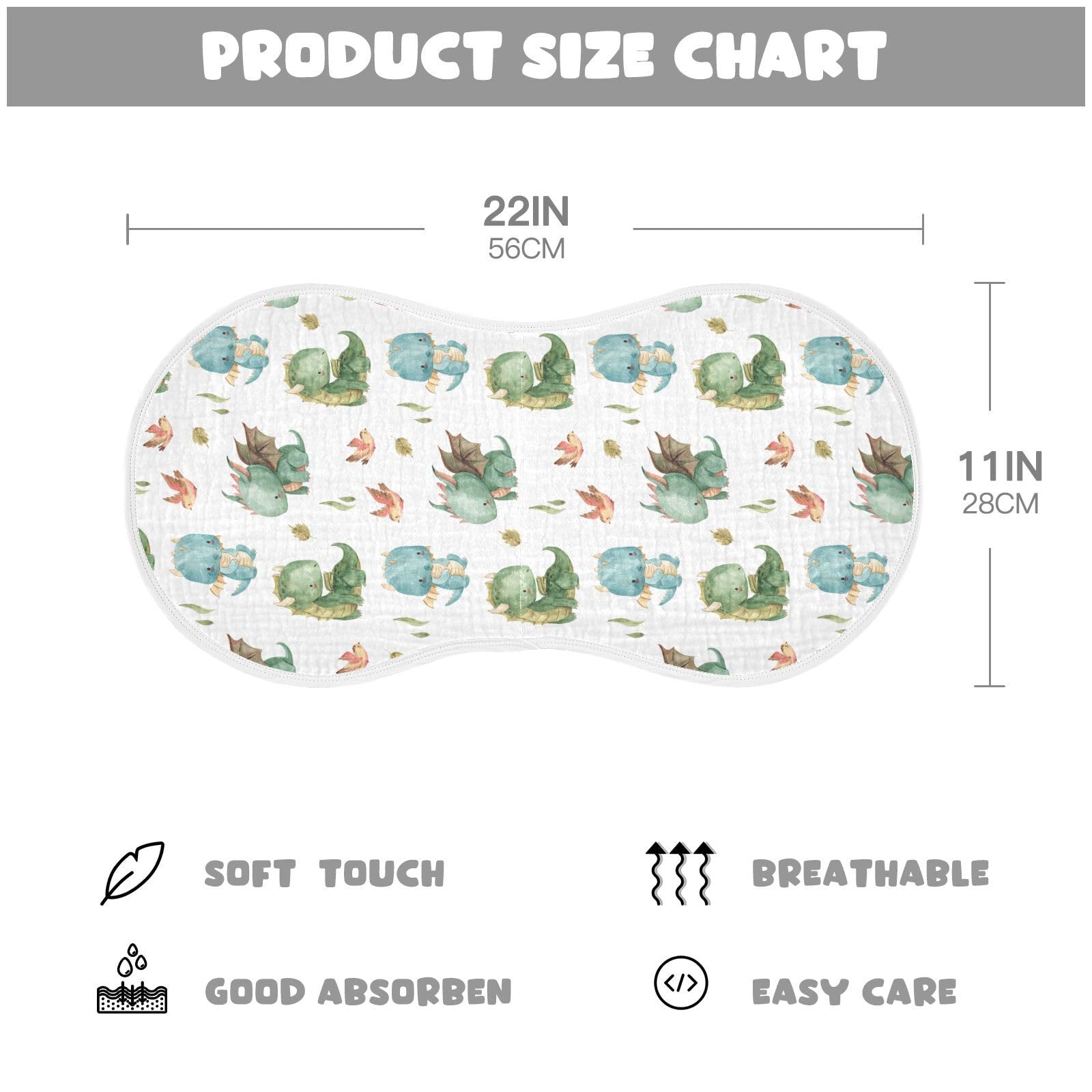 Burbuja Cute Dragon Muslin Baby Burp Cloths, Soft & Absorbent Cotton Burping Rags for Newborn Boys & Girls, 2 Pack