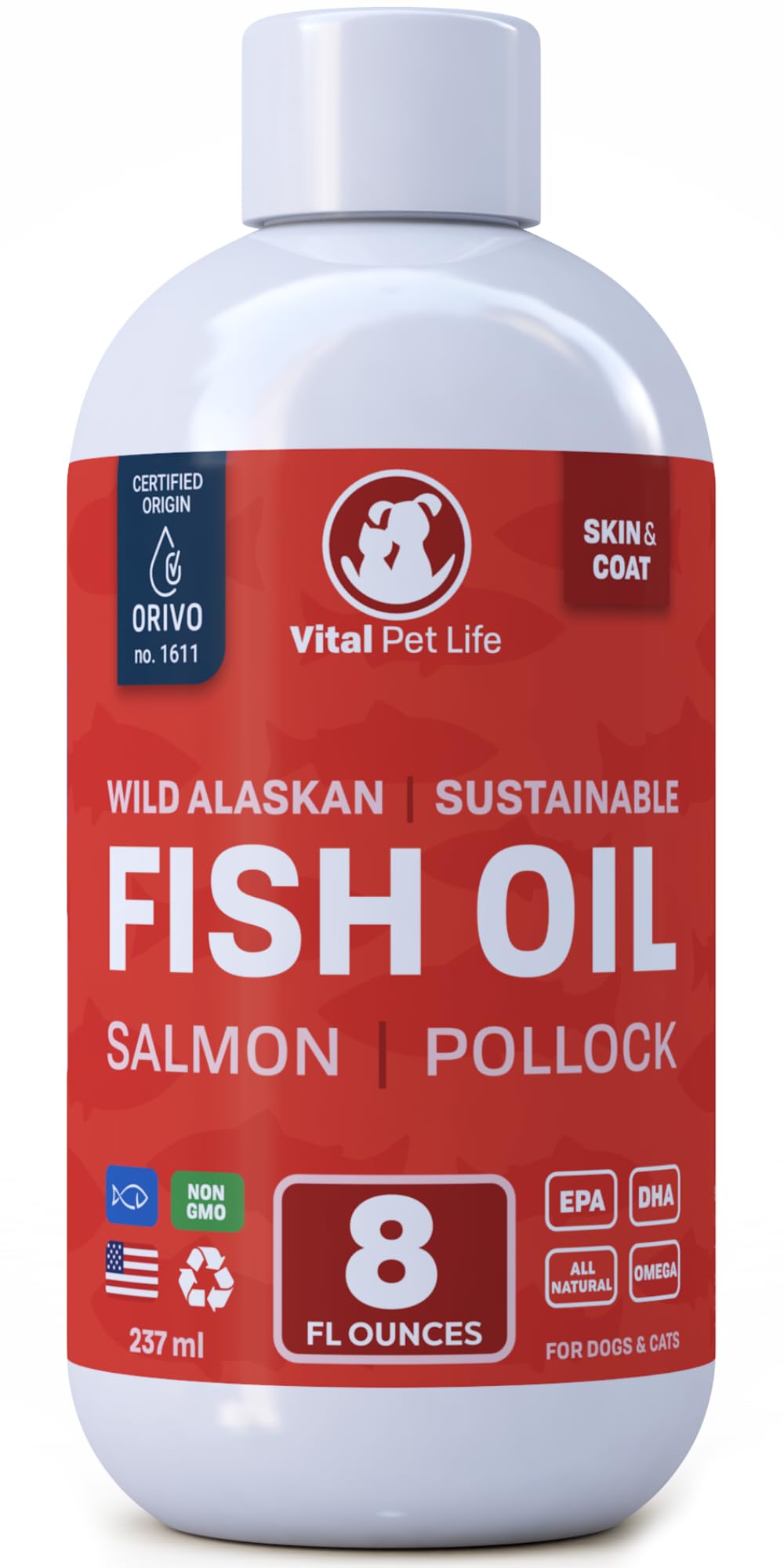 Fish Oil for Dogs - Healthy Skin & Coat, Salmon, Pollock, All Natural Supplement for Pets, Itching Scratching Allergy & Inflammation Defense, Omega 3 EPA DHA, Brain & Heart Health, 8 oz