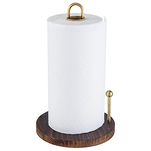 MyGift Modern Brass Tone Metal Countertop Paper Towel Holder with Burnt Solid Wood Base, Hand Paper Towel Roll Dispenser Rack