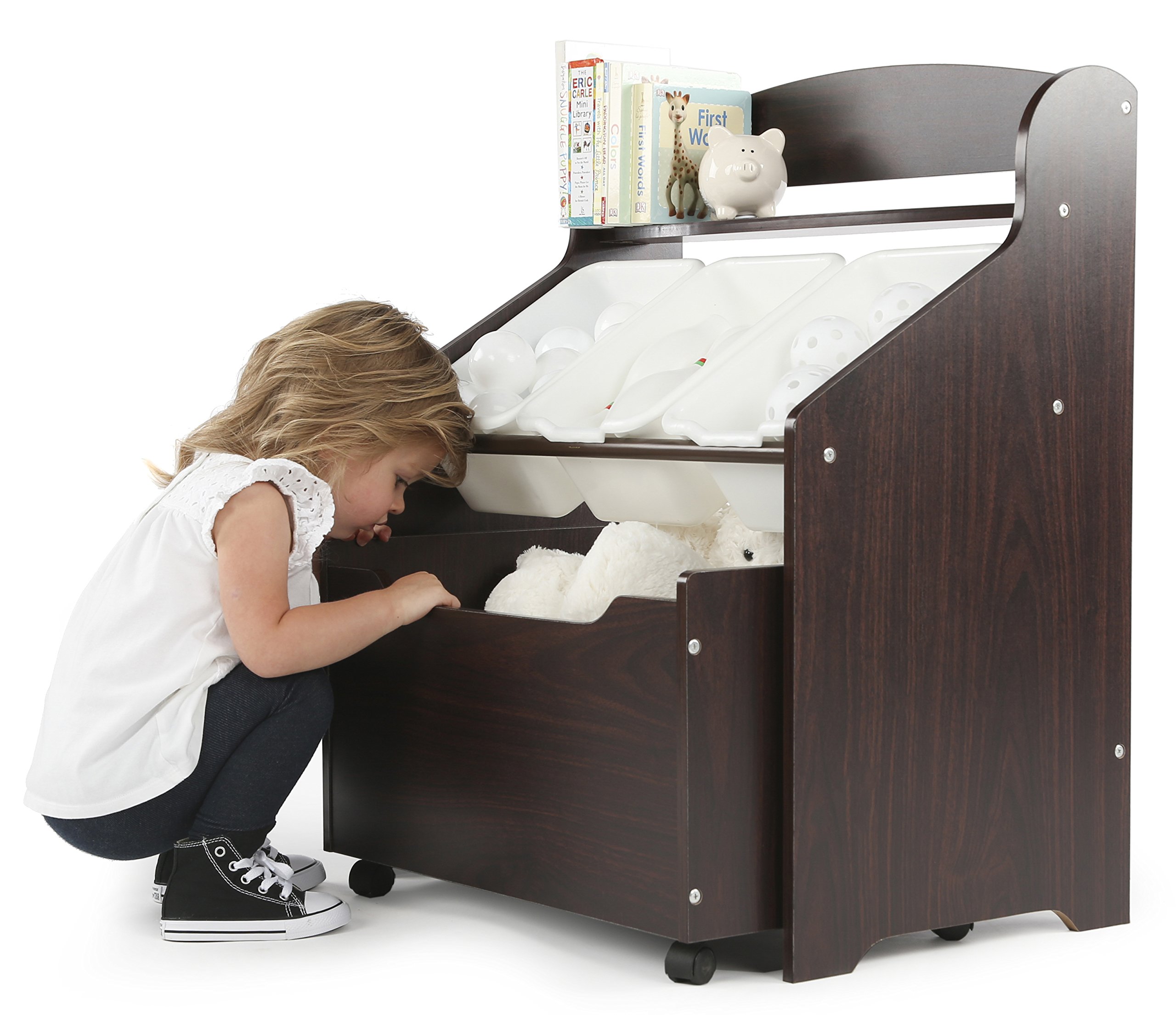 Humble Crew Toddler-Size Storage Unit with Rolling Toy Box, Espresso & White