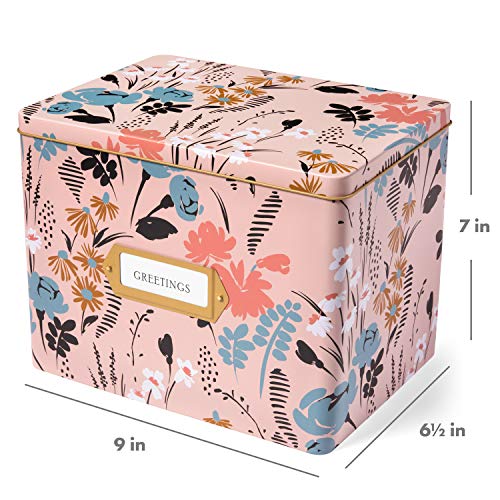 Jot & Mark Greeting Card Organizer Box Set | Decorative Recipe Tin Box, Tab Dividers, Matching Greeting Cards and Envelopes (Meadow)