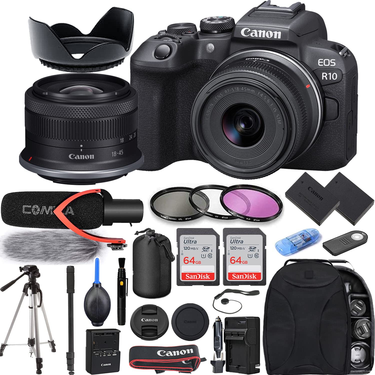 Camera Bundle for Canon EOS R10 Mirrorless Camera with RF-S 18-45mm f/4.5-6.3 is STM Lens + Extra Battery, Pro Microphone + Accessories Kit (Renewed)