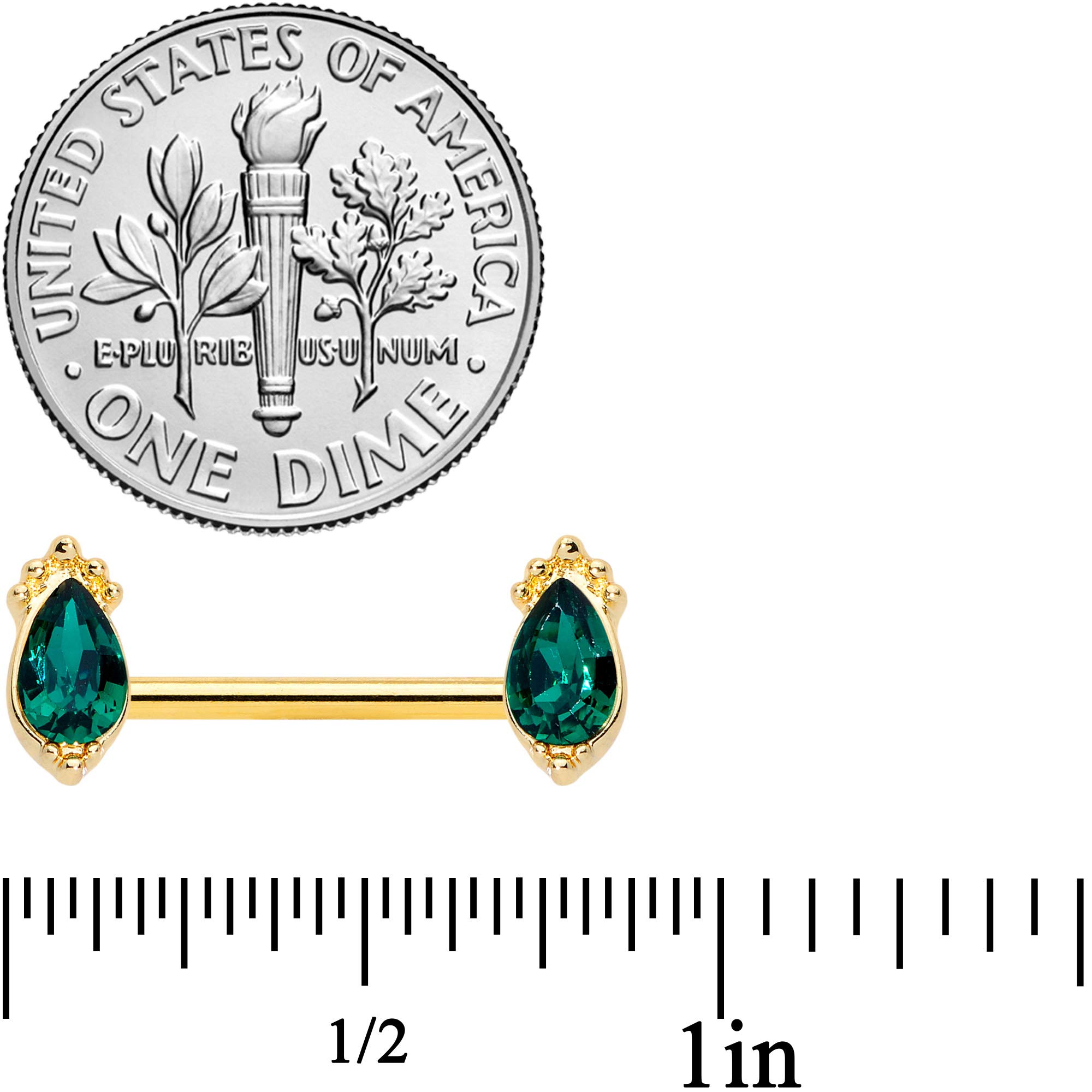 Body Candy 14G Womens Nipplerings Piercing PVD Steel 2Pc Green Accent Drop Nipple Ring Set 9/16"