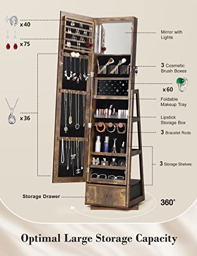 Nicetree 360° Swivel Jewelry Cabinet with Lights, Touch Screen Vanity Mirror, Rotatable Full Length Mirror with Jewelry Storage, Locking Jewelry Armoire Organizer, Foldable Makeup Shelf, Rustic Brown