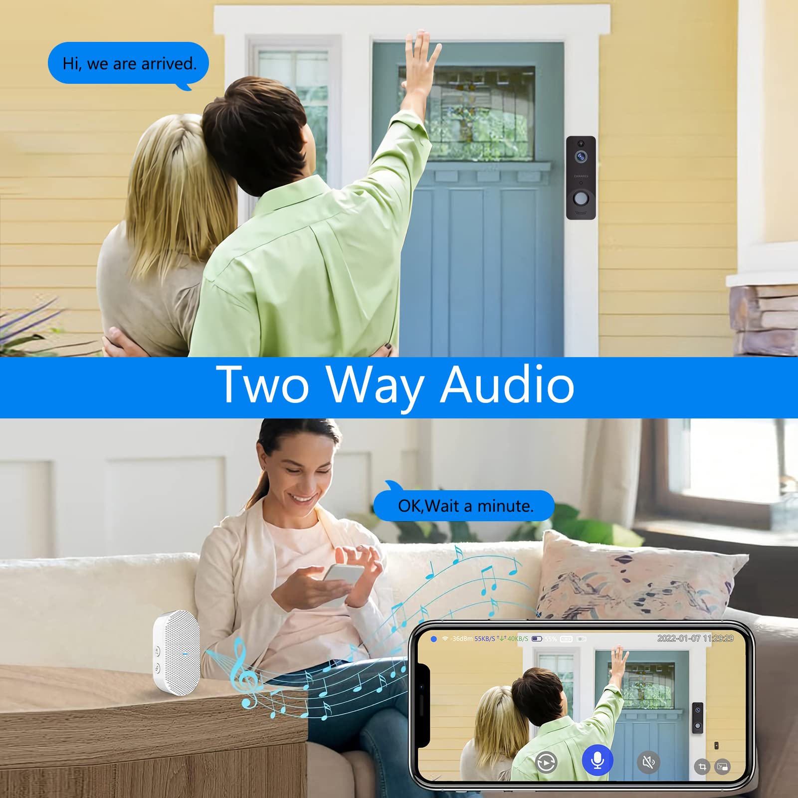 CHWARES 2022 New Wireless Video Doorbell Camera with Chime, 1080P HD Smart Door Bell Motion Detector, 2-Way Audio, Night Vision, Battery Powered, Free Cloud Storage