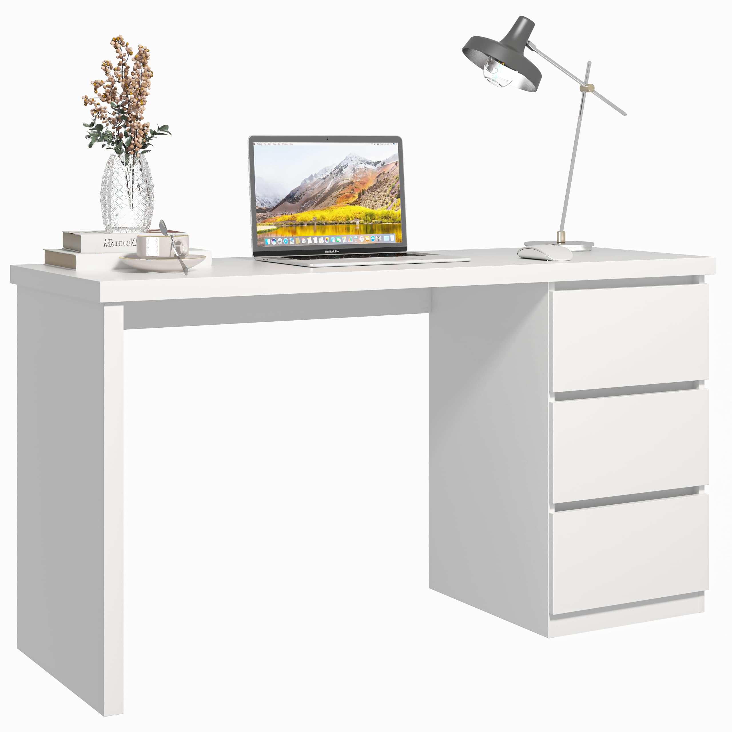 furtble White Desk with Drawers, 53'' W Home Office Computer Desk Gaming Table, Modern Vanity Desk with Storage, Wood Writing Workstation for Bedroom, Living Room