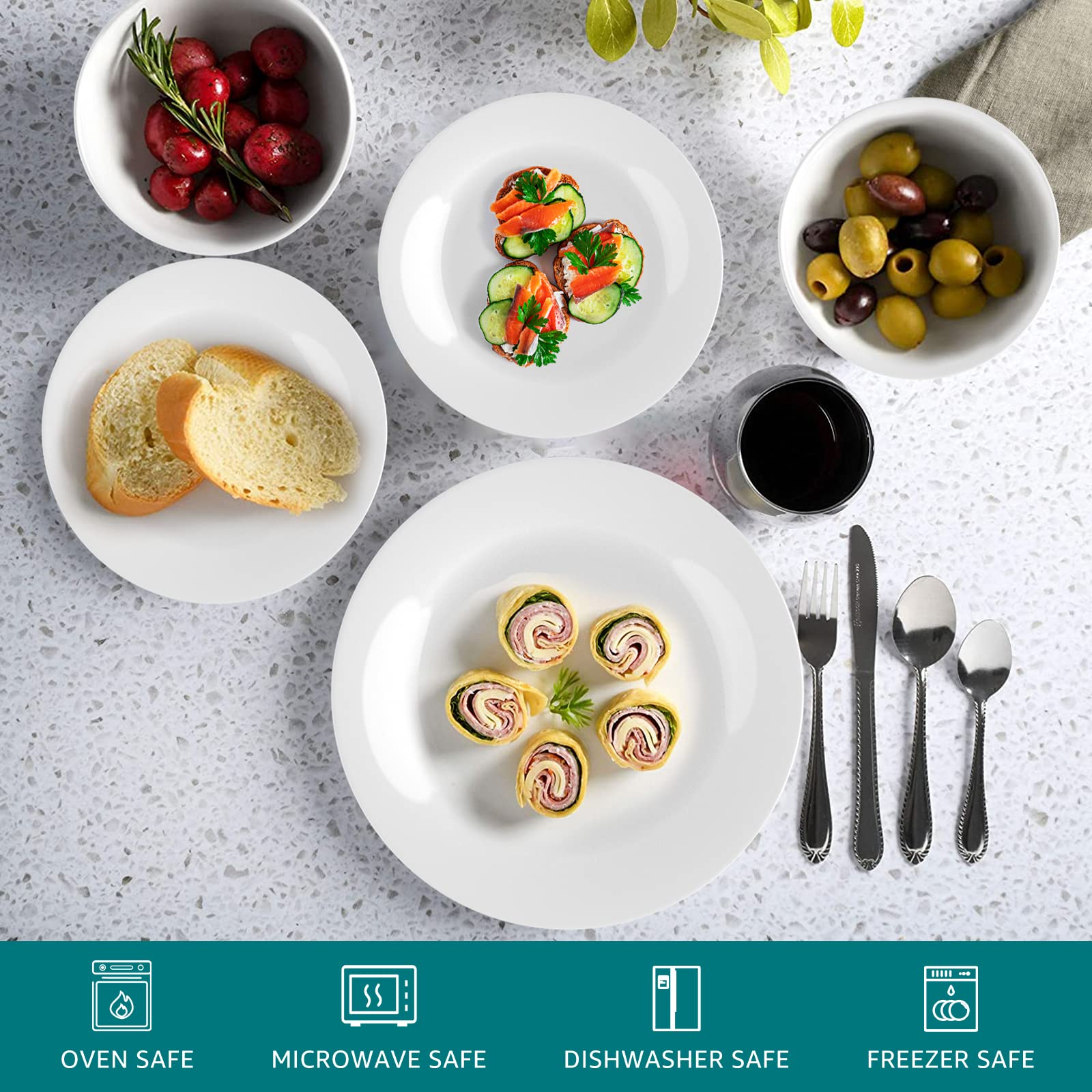 Dinnerware Set, HomeElves Square 18-PCS Kitchen Opal Dishes Set Service for 6, Lightweight Glass Plates and Bowls Set, Break and Chip Resistant, Safety for Microwave & Dishwasher