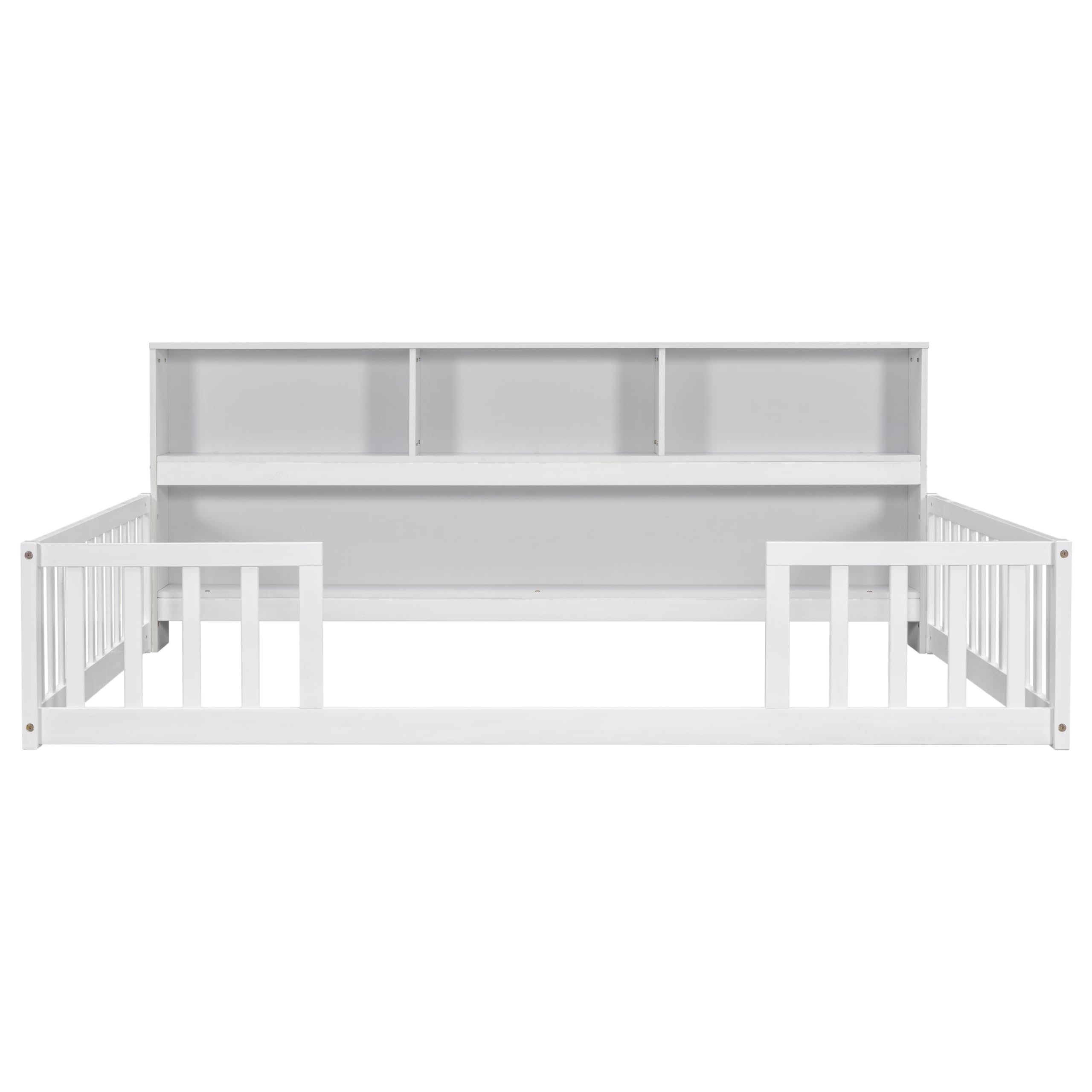 ECKF Full Size Floor Bed,Montessori Floor Bed with Bedside Bookcase and Shelves,Toddler Floor Bed with Guardrails for Kids,Girls,Boys (White, Full)