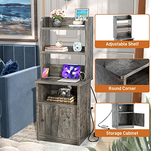 Nightstand with Charging Station and USB Ports, 47" Tall Bedside Table with Adjustable Bookshelf, Industrial End Table Side Table with Storage Cabinet for Home Office, Grey