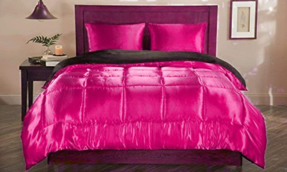 HR Luxury Linen Ultra Soft Luxurious Satin 3-Piece Silky Satin Comforter Set, Duvet/Comforter + 2 Pillowcases (King/Cal-King, Hot Pink)