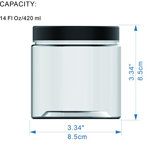 HoleviFO 14oz (420ml 12 Pack) Empty Clear Wide Mouth Plastic Jars with Matte Black Lids and Labels - Round PET Containers for Food Storage and Dry Goods,Craft and More - BPA Free