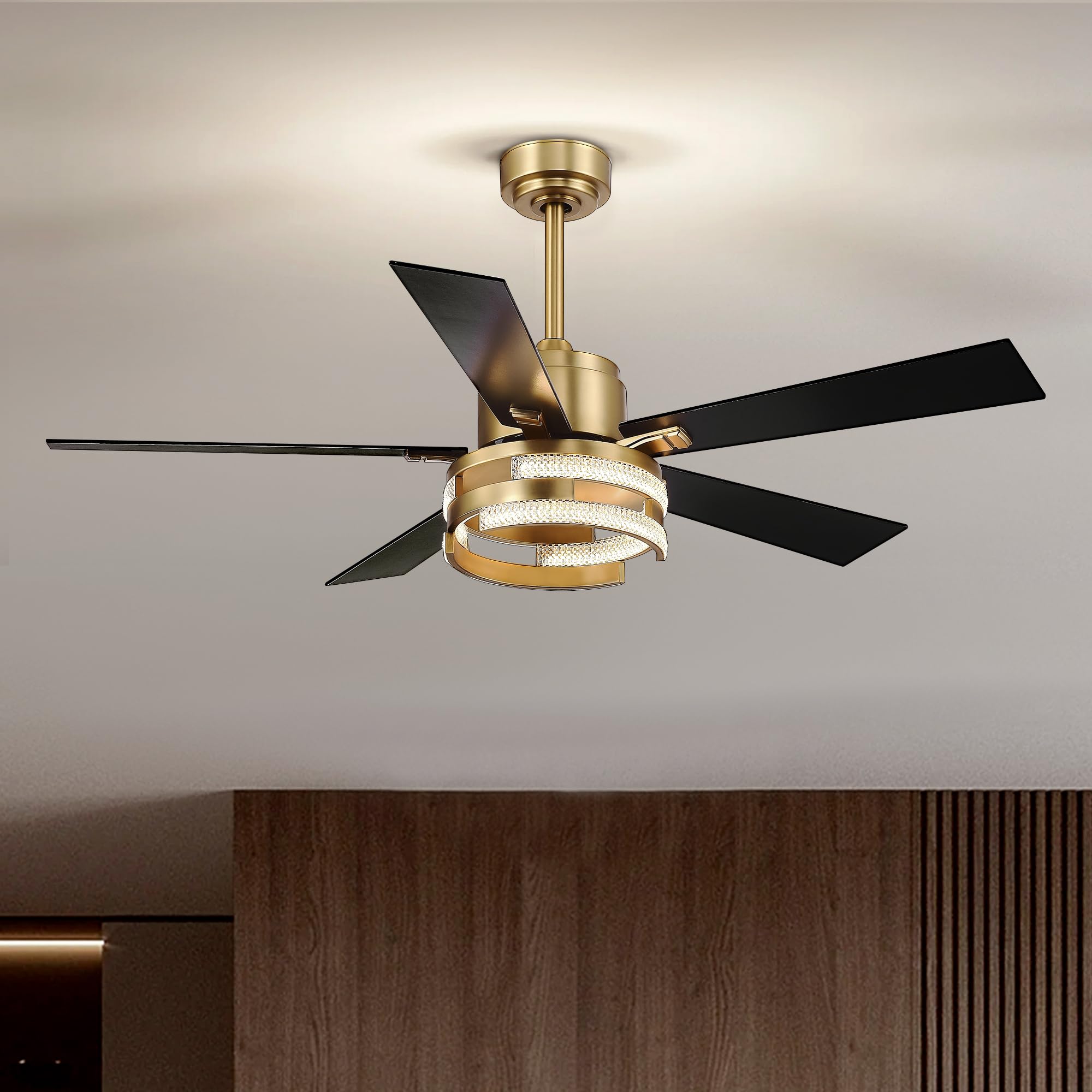 Breezary Ceiling Fans with Lights, 52 inch 5 Blade Industrial Gold Ceiling Fan Remote Control, Reversible AC Motor, Caged Light Fixture Chandelier for Bedroom