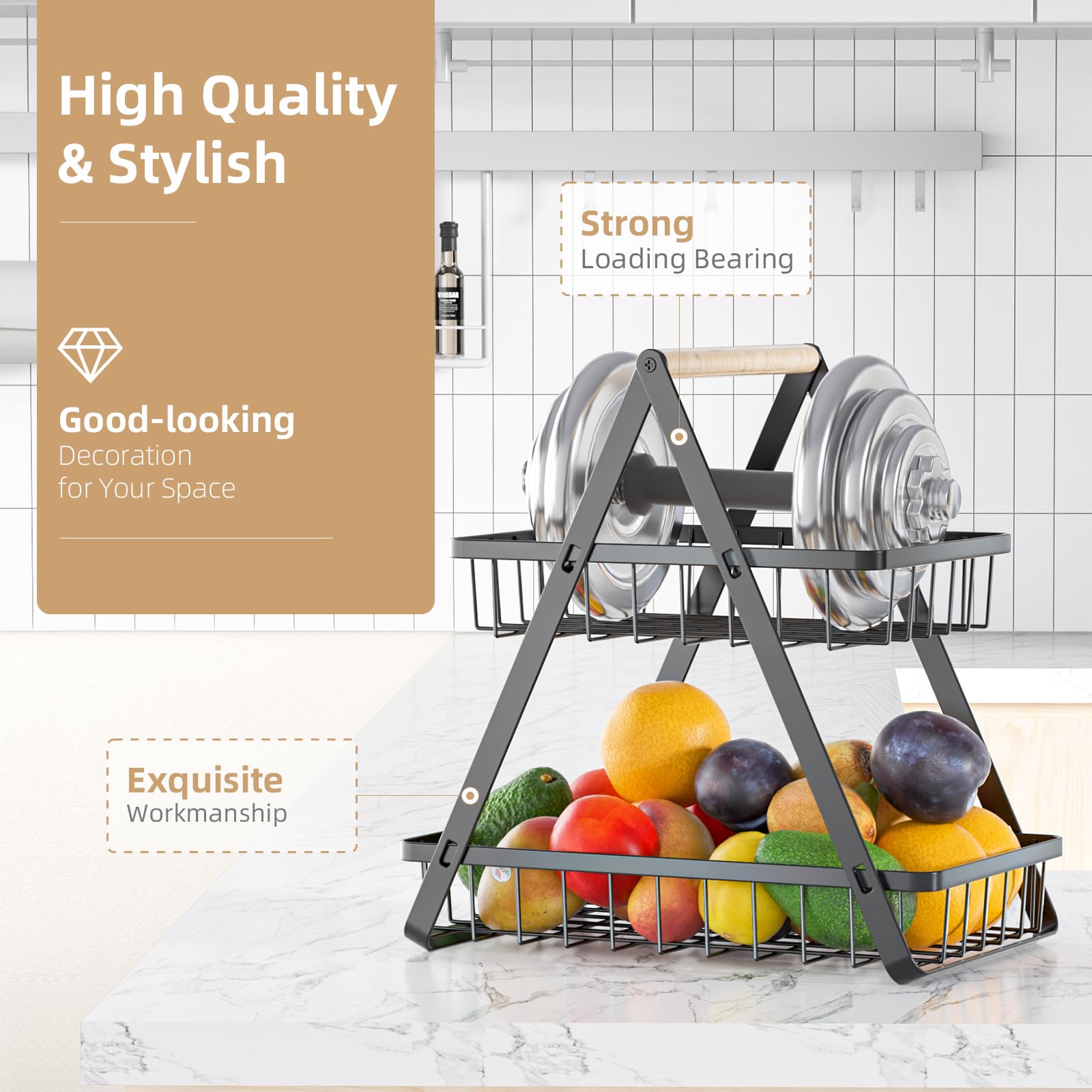 Foensc 2 Tier Fruit Basket, Upgraded Fruit Bowl, Detachable Metal Fruit Holder Vegetable Basket for Kitchen Counter, Large Capacity Fruit Storage Stand Organizer for Produce Bread Snack, Black