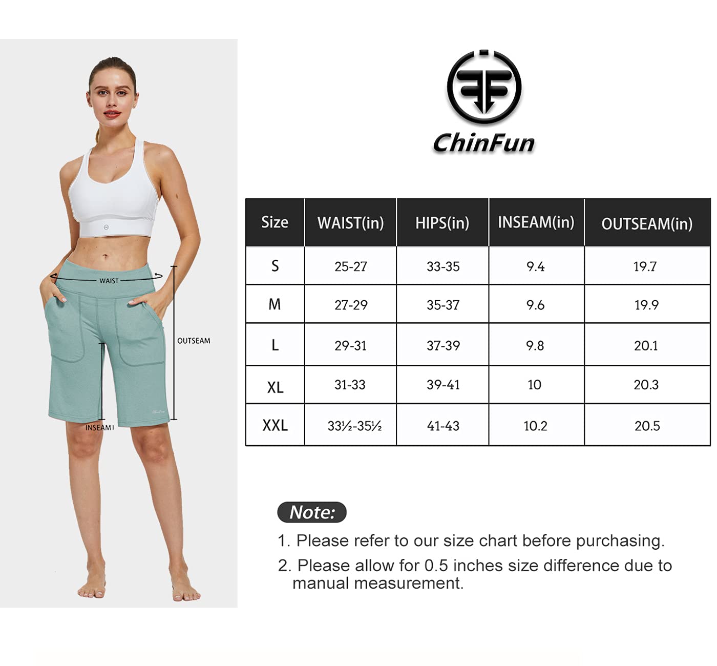 ChinFun Women's 10" High Waist Yoga Shorts Bermuda Shorts Athletic RunningWorkout Lounge Shorts with Deep PocketsLight Heather Blue XL